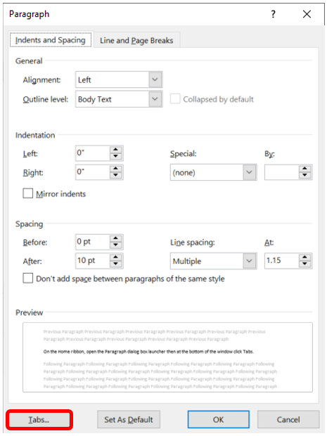 Setting Tab Stops Using the Tabs Dialog Box – Ryn Nicol